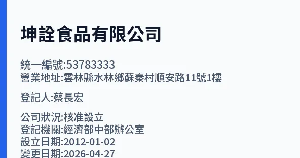 坤詮食品有限公司的照片-統編 53783333(雲林縣) 公司登記資料與營業項目詳細圖表