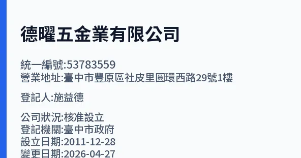 德曜五金業有限公司的照片-統編 53783559(臺中市) 公司登記資料與營業項目詳細圖表