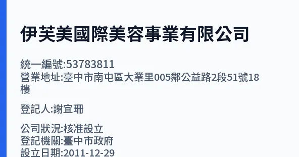 伊芙美國際美容事業有限公司的照片-統編 53783811(臺中市) 公司登記資料與營業項目詳細圖表