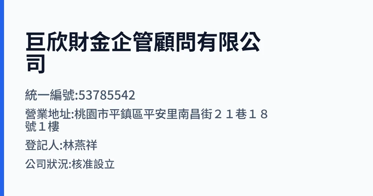 巨欣財金企管顧問有限公司 - 統編 53785542(桃園市) 公司登記資料與營業項目詳細圖表