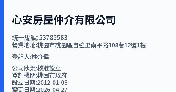 心安房屋仲介有限公司的照片-統編 53785563(桃園市) 公司登記資料與營業項目詳細圖表