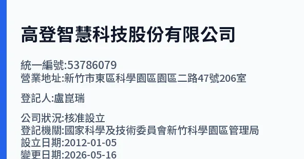 高登智慧科技股份有限公司的照片-統編 53786079(新竹市) 公司登記資料與營業項目詳細圖表