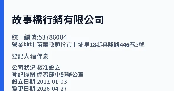 故事橋行銷有限公司的照片-統編 53786084(苗栗縣) 公司登記資料與營業項目詳細圖表