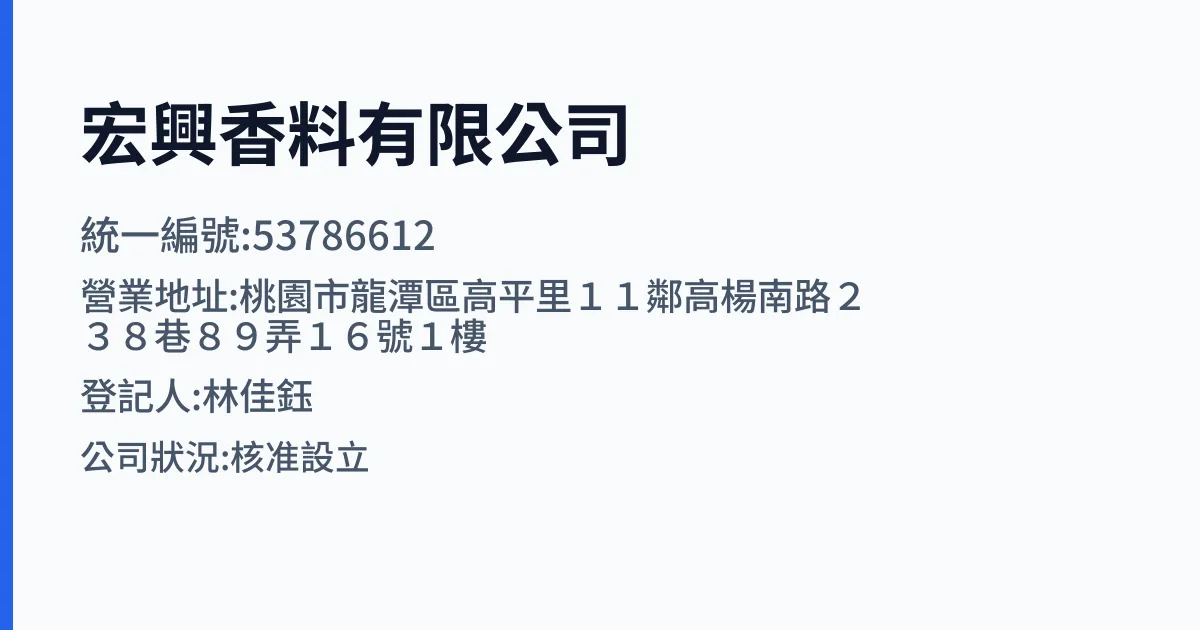 宏興香料有限公司 - 統編 53786612(桃園市) 公司登記資料與營業項目詳細圖表