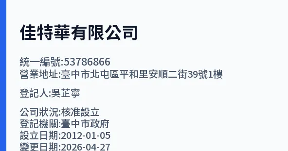 佳特華有限公司的照片-統編 53786866(臺中市) 公司登記資料與營業項目詳細圖表
