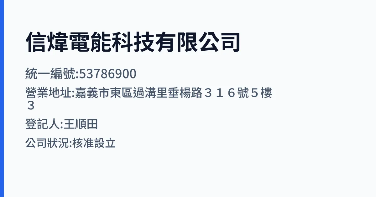 信煒電能科技有限公司 - 統編 53786900(嘉義市) 公司登記資料與營業項目詳細圖表