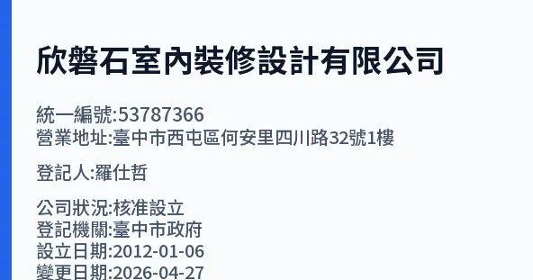 欣磐石室內裝修設計有限公司的照片-統編 53787366(臺中市) 公司登記資料與營業項目詳細圖表