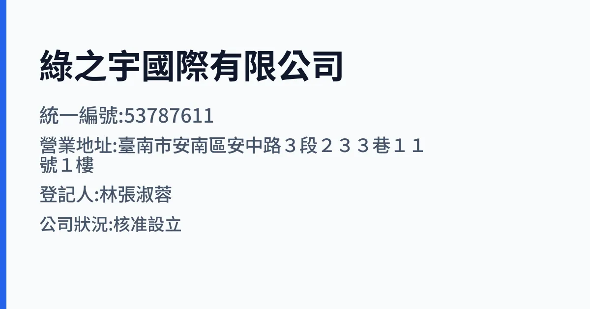 綠之宇國際有限公司 - 統編 53787611(臺南市) 公司登記資料與營業項目詳細圖表