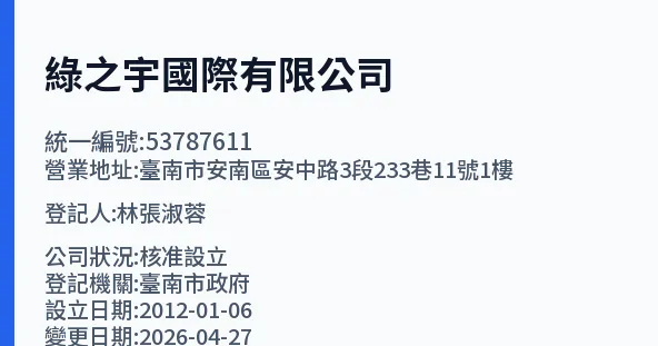 綠之宇國際有限公司的照片-統編 53787611(臺南市) 公司登記資料與營業項目詳細圖表