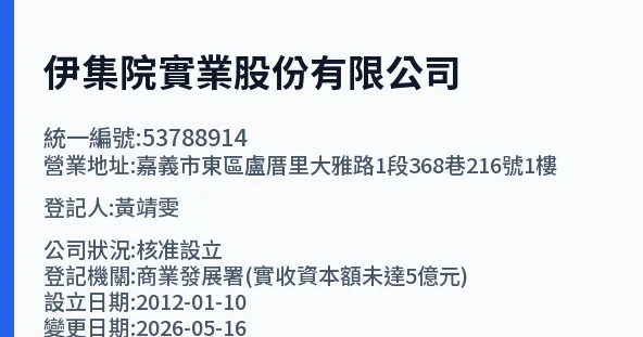 伊集院實業股份有限公司的照片-統編 53788914(嘉義市) 公司登記資料與營業項目詳細圖表