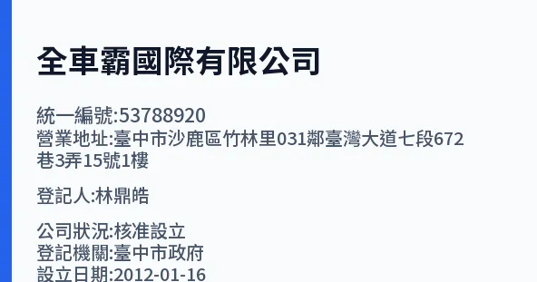 全車霸國際有限公司的照片-統編 53788920(臺中市) 公司登記資料與營業項目詳細圖表