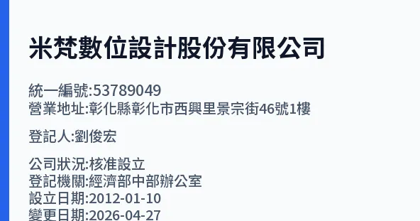 米梵數位設計股份有限公司的照片-統編 53789049(彰化縣) 公司登記資料與營業項目詳細圖表
