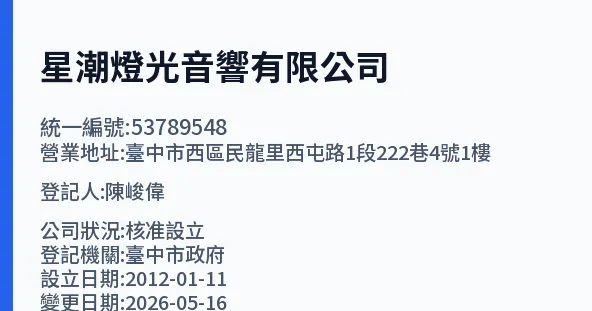 星潮燈光音響有限公司的照片-統編 53789548(臺中市) 公司登記資料與營業項目詳細圖表