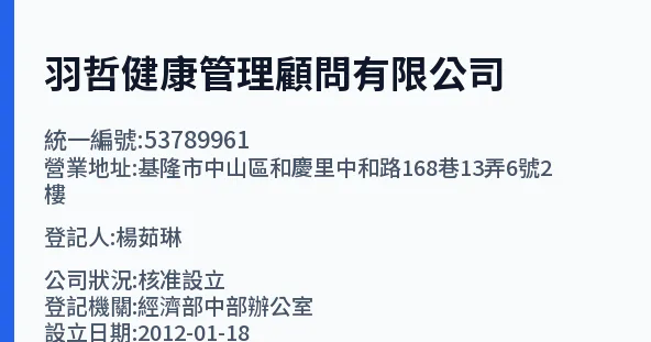 羽哲健康管理顧問有限公司的照片-統編 53789961(基隆市) 公司登記資料與營業項目詳細圖表