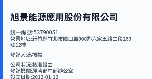 旭景能源應用股份有限公司的照片-統編 53790051(新竹縣) 公司登記資料與營業項目詳細圖表