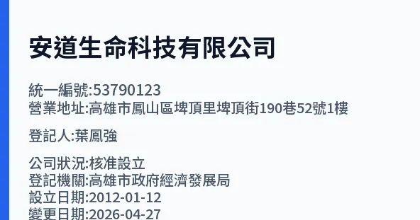 安道生命科技有限公司的照片-統編 53790123(高雄市) 公司登記資料與營業項目詳細圖表