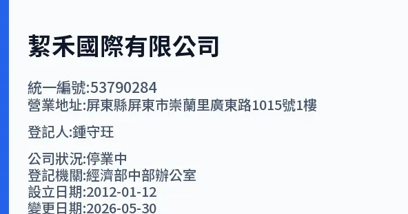 絜禾國際有限公司的照片-統編 53790284(屏東縣) 公司登記資料與營業項目詳細圖表