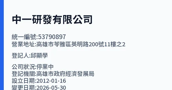 中一研發有限公司的照片-統編 53790897(高雄市) 公司登記資料與營業項目詳細圖表