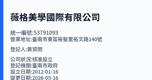 薇格美學國際有限公司的照片-統編 53791093(臺南市) 公司登記資料與營業項目詳細圖表