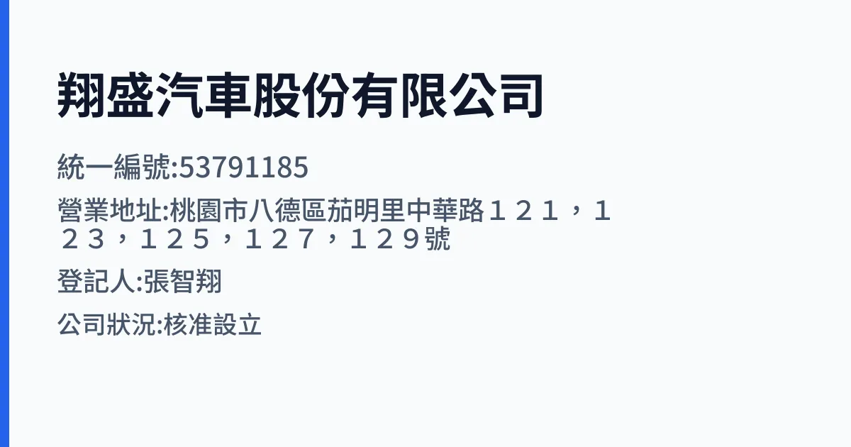 翔盛汽車股份有限公司 - 統編 53791185(桃園市) 公司登記資料與營業項目詳細圖表