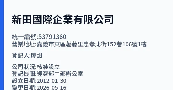 新田國際企業有限公司的照片-統編 53791360(嘉義市) 公司登記資料與營業項目詳細圖表