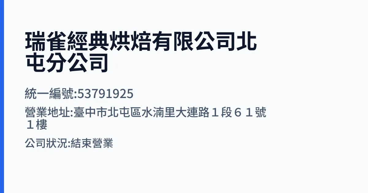 瑞雀經典烘焙有限公司北屯分公司 - 統編 53791925(臺中市) 公司登記資料與營業項目詳細圖表