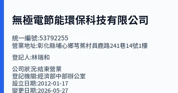 無極電節能環保科技有限公司的照片-統編 53792255(彰化縣) 公司登記資料與營業項目詳細圖表