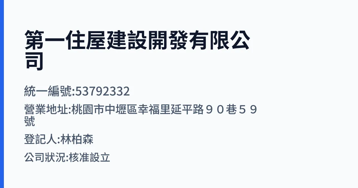 第一住屋建設開發有限公司 - 統編 53792332(桃園市) 公司登記資料與營業項目詳細圖表