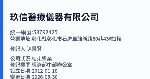 玖信醫療儀器有限公司的照片-統編 53792425(彰化縣) 公司登記資料與營業項目詳細圖表
