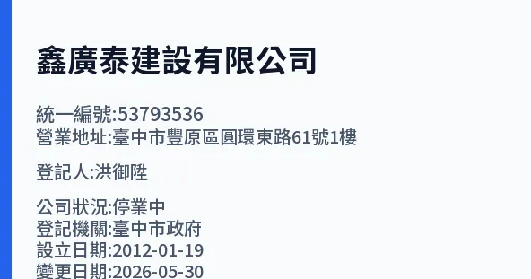 鑫廣泰建設有限公司的照片-統編 53793536(臺中市) 公司登記資料與營業項目詳細圖表