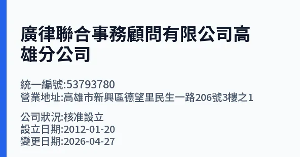 廣律聯合事務顧問有限公司高雄分公司的照片-統編 53793780(高雄市) 公司登記資料與營業項目詳細圖表
