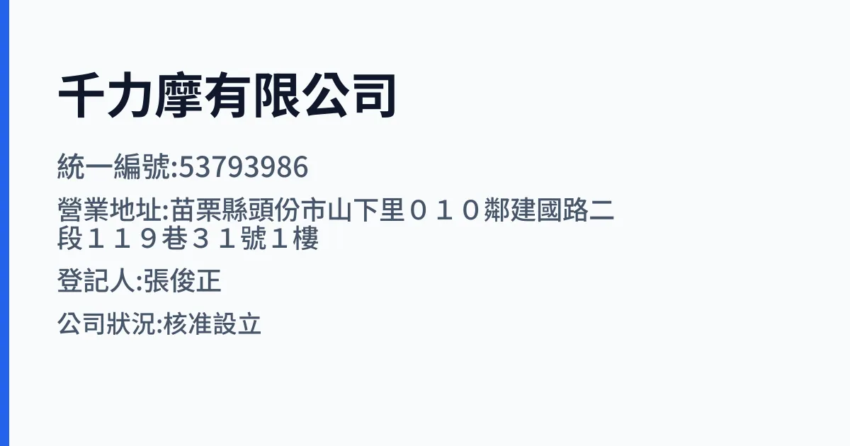 千力摩有限公司 - 統編 53793986(苗栗縣) 公司登記資料與營業項目詳細圖表