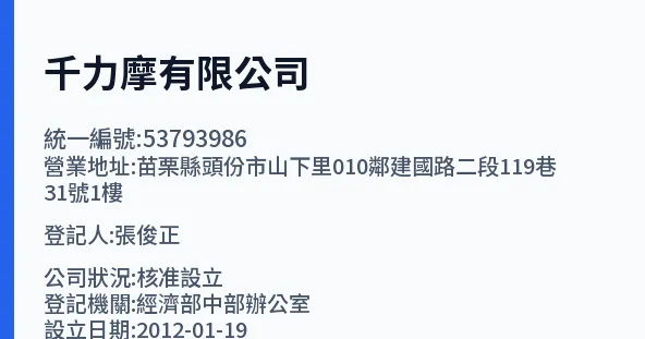 千力摩有限公司的照片-統編 53793986(苗栗縣) 公司登記資料與營業項目詳細圖表