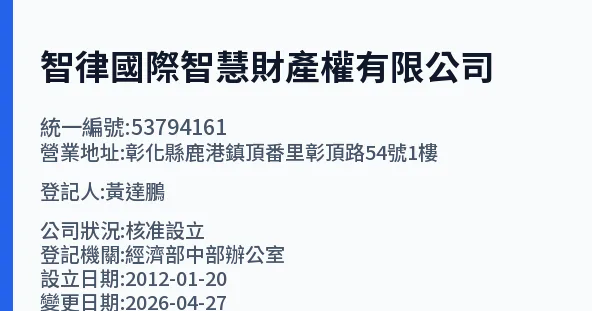 智律國際智慧財產權有限公司的照片-統編 53794161(彰化縣) 公司登記資料與營業項目詳細圖表