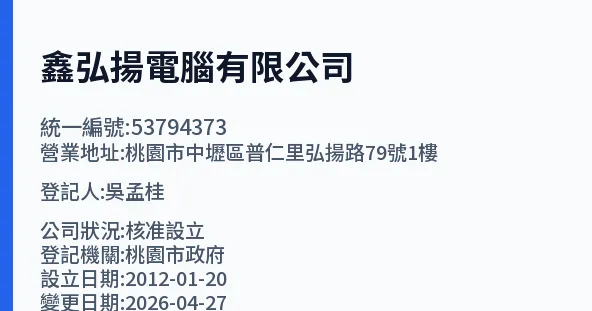鑫弘揚電腦有限公司的照片-統編 53794373(桃園市) 公司登記資料與營業項目詳細圖表