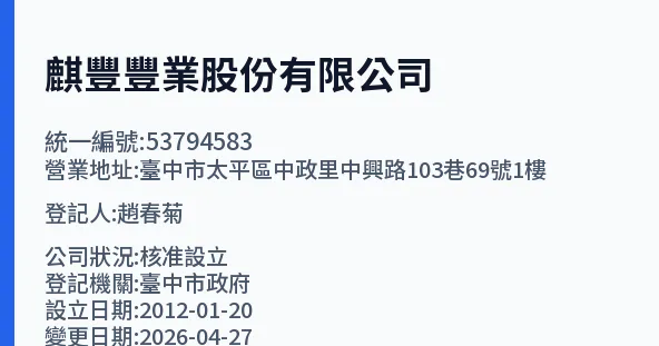 麒豐豐業股份有限公司的照片-統編 53794583(臺中市) 公司登記資料與營業項目詳細圖表