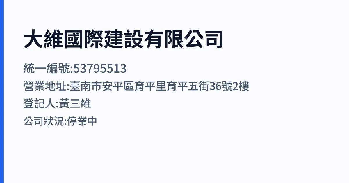 大維國際建設有限公司 - 統編 53795513(臺南市) 公司登記資料與營業項目詳細圖表