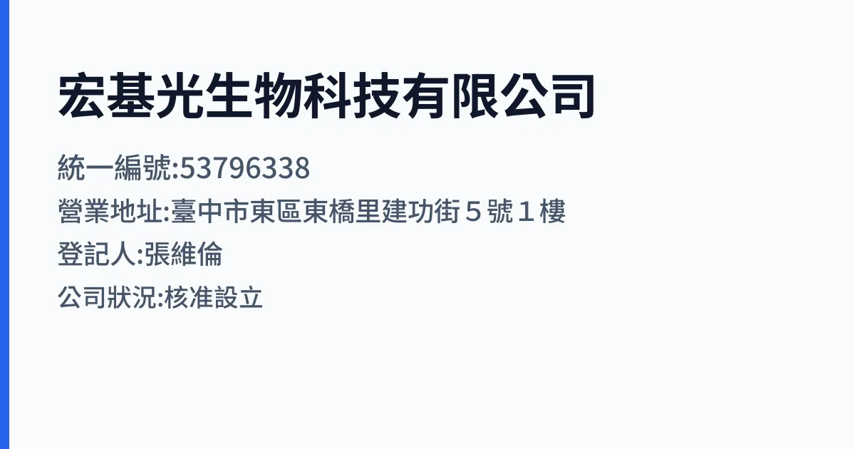 宏基光生物科技有限公司 - 統編 53796338(臺中市) 公司登記資料與營業項目詳細圖表