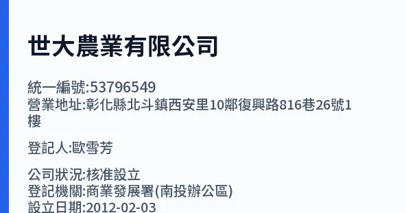 世大農業有限公司的照片-統編 53796549(彰化縣) 公司登記資料與營業項目詳細圖表