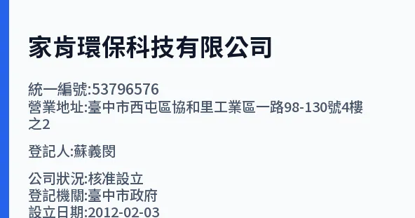 家肯環保科技有限公司的照片-統編 53796576(臺中市) 公司登記資料與營業項目詳細圖表