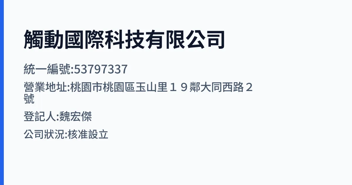 觸動國際科技有限公司 - 統編 53797337(桃園市) 公司登記資料與營業項目詳細圖表