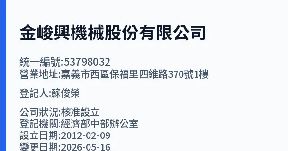 金峻興機械股份有限公司的照片-統編 53798032(嘉義市) 公司登記資料與營業項目詳細圖表