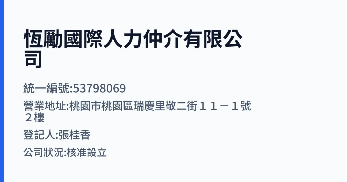 恆勵國際人力仲介有限公司 - 統編 53798069(桃園市) 公司登記資料與營業項目詳細圖表