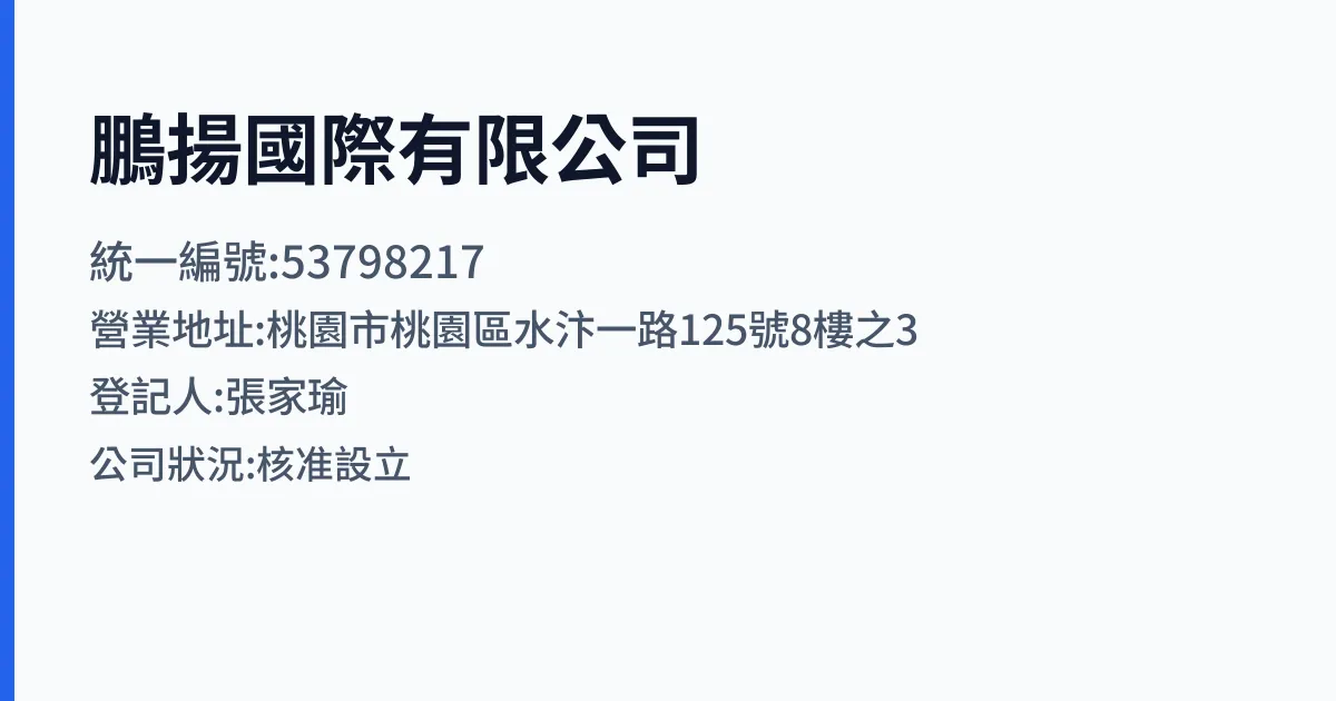鵬揚國際有限公司 - 統編 53798217(桃園市) 公司登記資料與營業項目詳細圖表