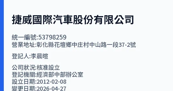 捷威國際汽車股份有限公司的照片-統編 53798259(彰化縣) 公司登記資料與營業項目詳細圖表