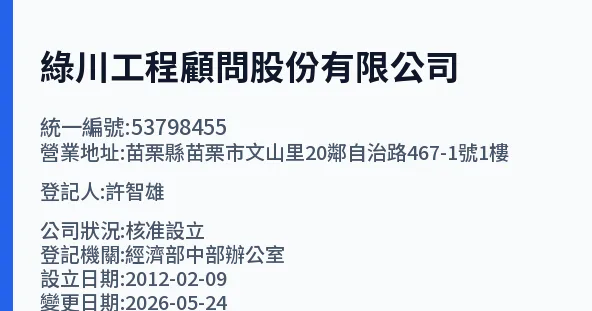 綠川工程顧問股份有限公司的照片-統編 53798455(苗栗縣) 公司登記資料與營業項目詳細圖表