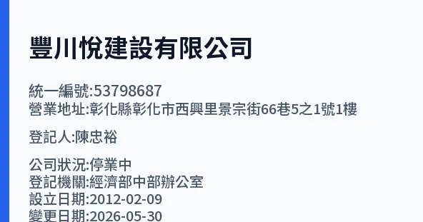 豐川悅建設有限公司的照片-統編 53798687(彰化縣) 公司登記資料與營業項目詳細圖表