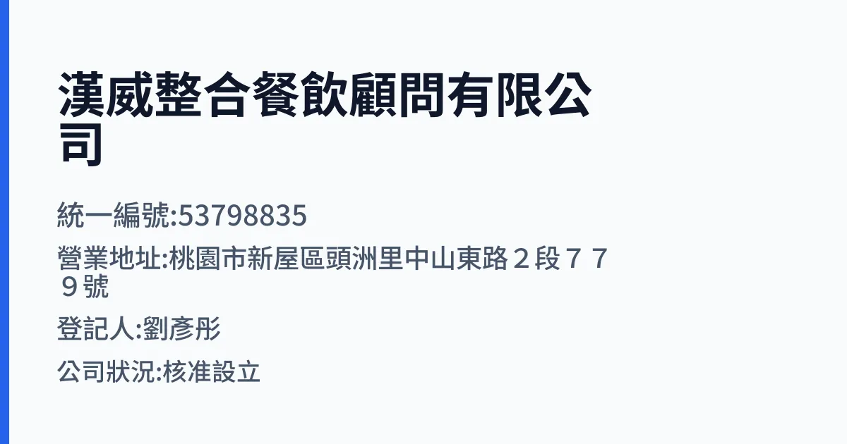 漢威整合餐飲顧問有限公司 - 統編 53798835(桃園市) 公司登記資料與營業項目詳細圖表