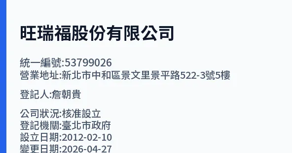 旺瑞福股份有限公司的照片-統編 53799026(新北市) 公司登記資料與營業項目詳細圖表