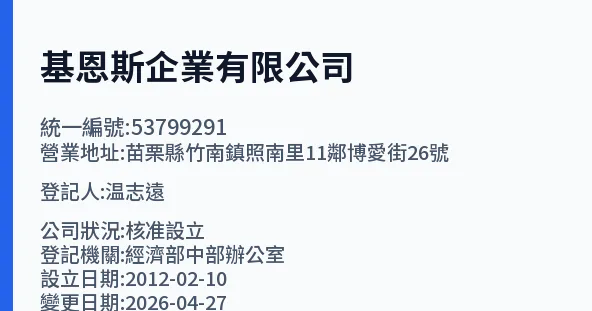基恩斯企業有限公司的照片-統編 53799291(苗栗縣) 公司登記資料與營業項目詳細圖表